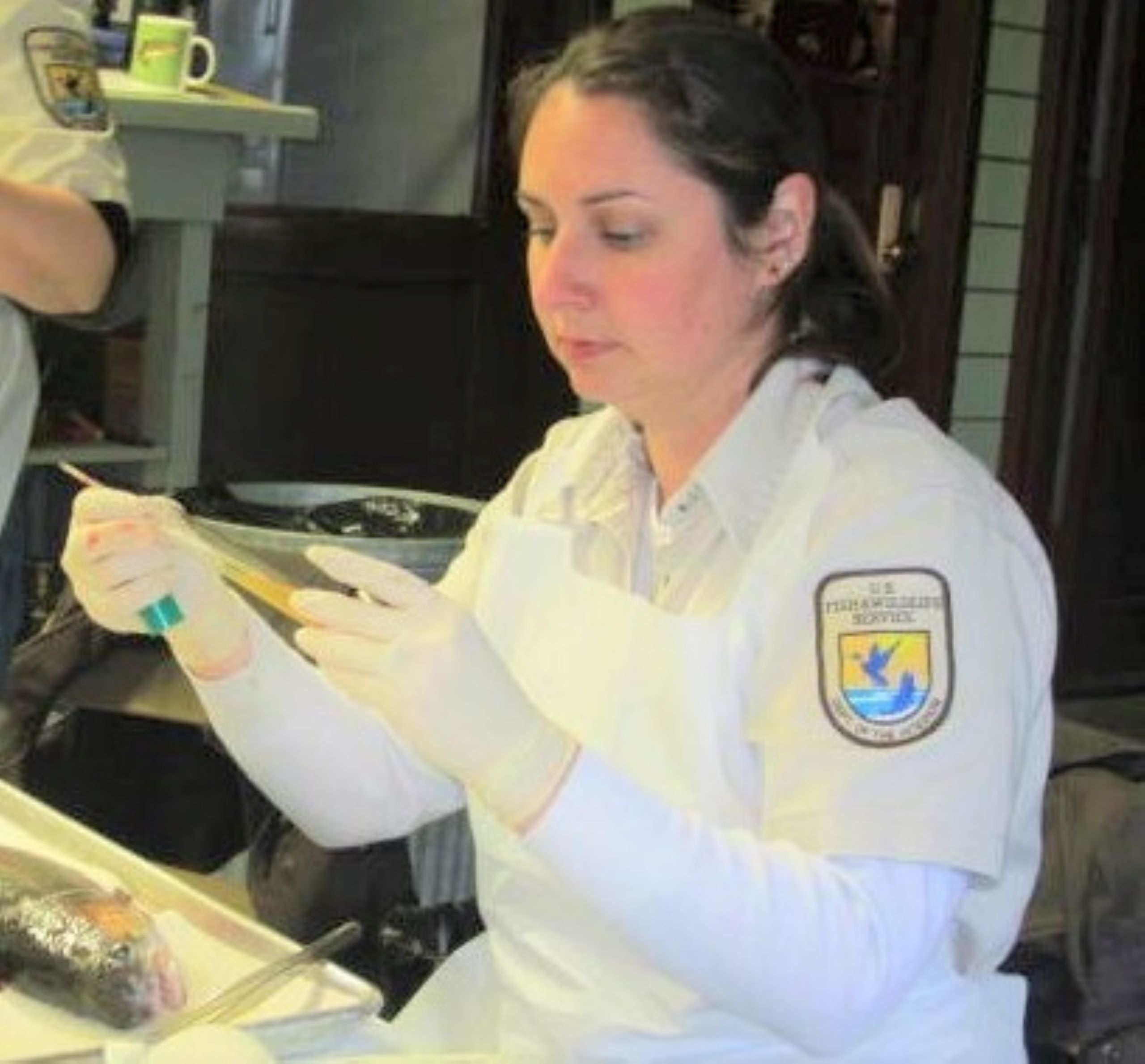 Lacey Hopper collecting fish health samples at facility.JPG | FWS.gov