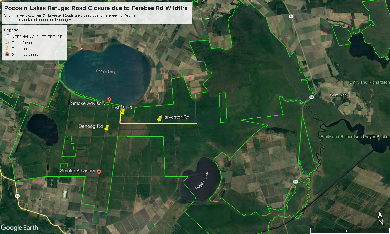 Road Closure Map for Ferebee Road Wildfire Pocosin Lakes NWR | FWS.gov