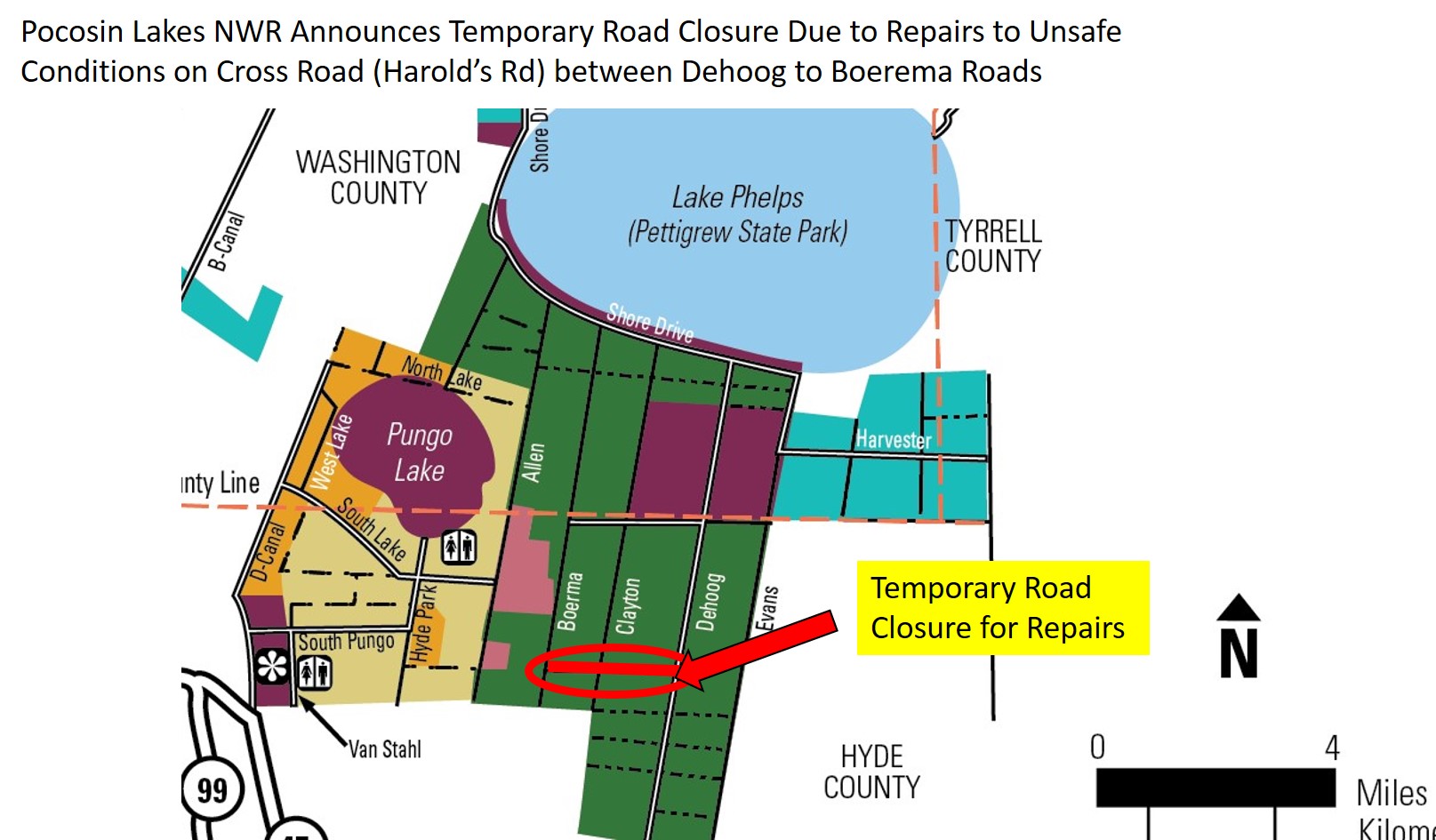 Harolds Road Closure Map on Pocosin Lakes National Wildlife Refuge ...