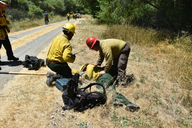 Firefighters tend to a patient during a medical practice scenario at ...