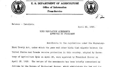 Bird Regulation Amendments Approved by President April 25, 1929 | FWS.gov