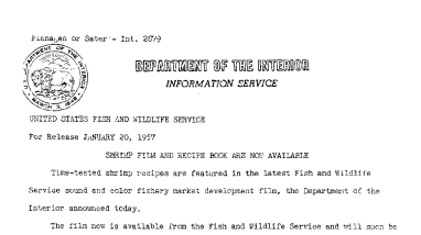 Shrimp Film and Recipe Book Are Now Available January 20, 1957 A | FWS.gov
