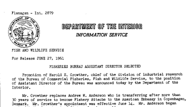 Fisheries Bureau Assistant Director Selected--June27, 1961 | FWS.gov